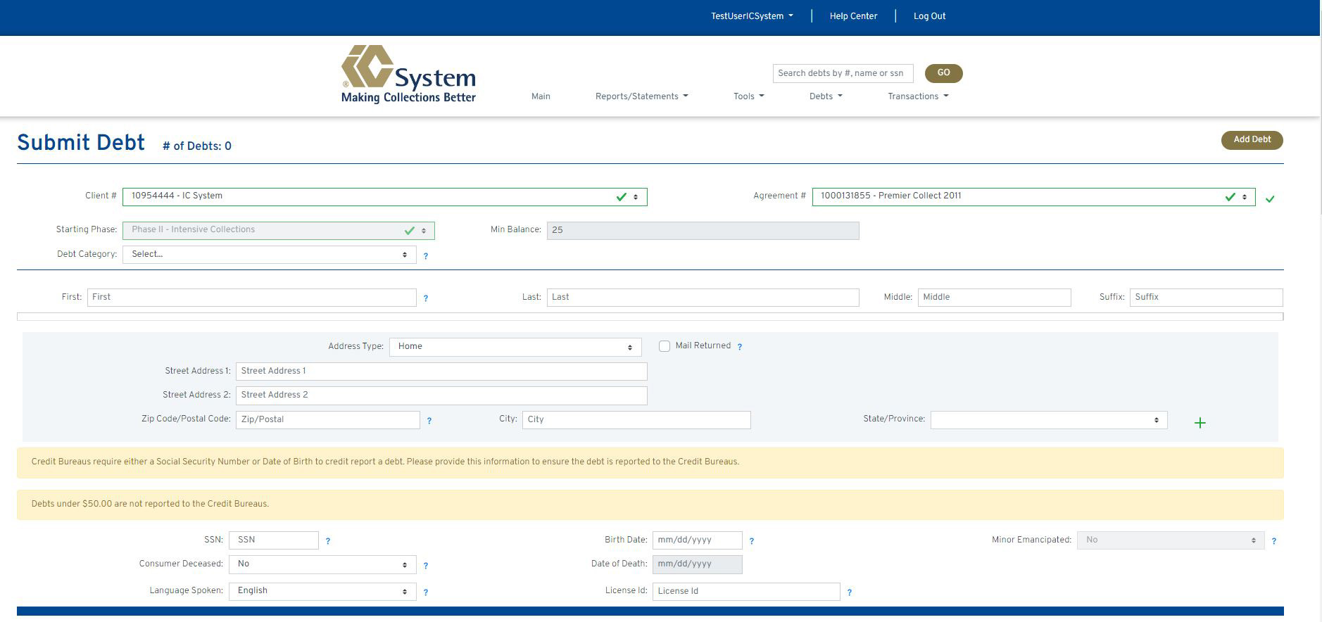 GET STARTED 2: Submit a Debt for Collection Activity